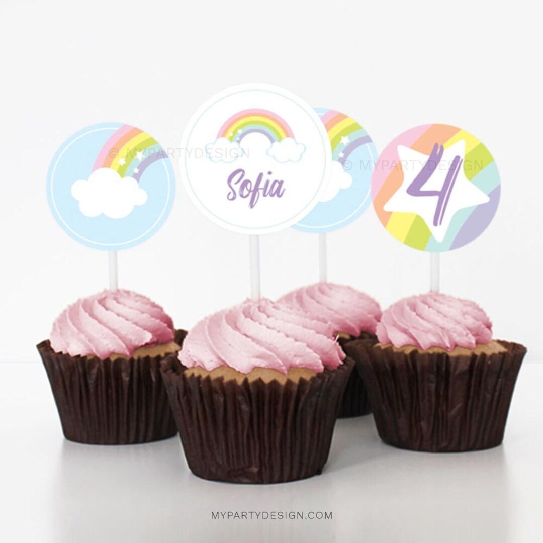 Rainbow Cupcake Toppers, Pastel Rainbow Party, Rainbow Birthday ...
