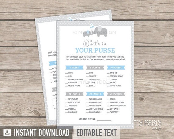 What's in Your Purse Game, Blue Elephant BabyShower Games, Boy Baby ...