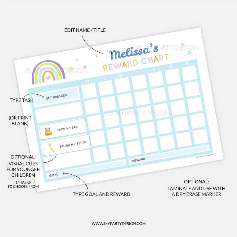 Rainbow Chore Chart for Kids Reward Chart Editable Behavior - Etsy
