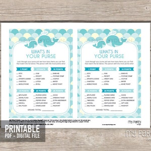 What's in Your Purse Game, Whale Baby Shower, Boy Babyshower, Turquoise ...