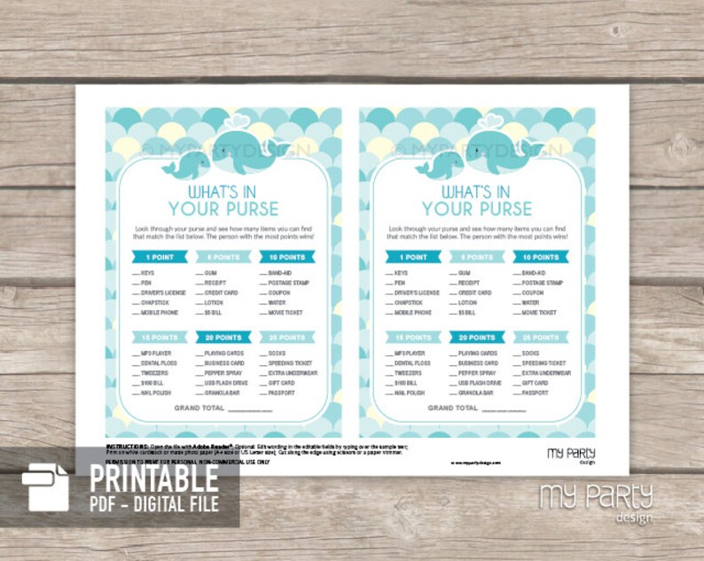 What's in Your Purse Game Whale Baby Shower Boy | Etsy