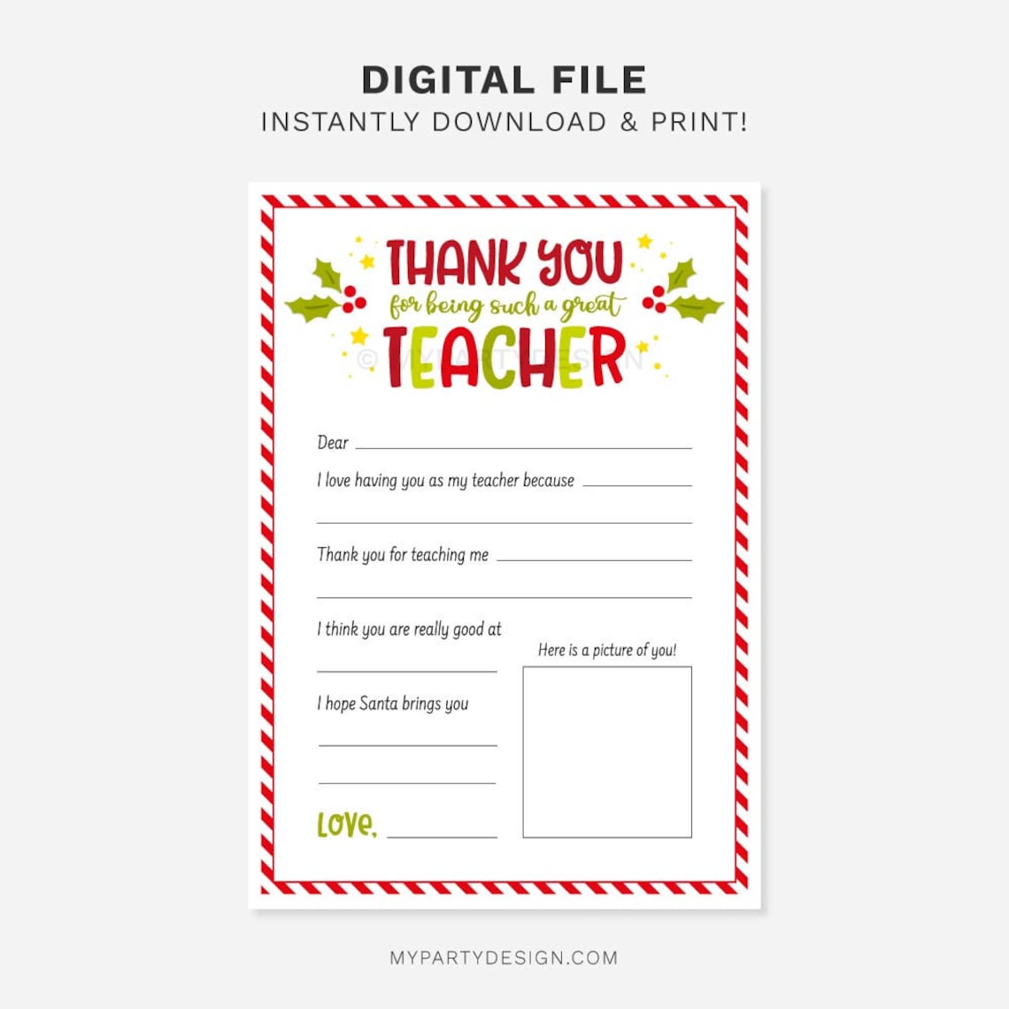 Teacher Christmas Gift, Printable All About My Teacher Card, Fill in ...