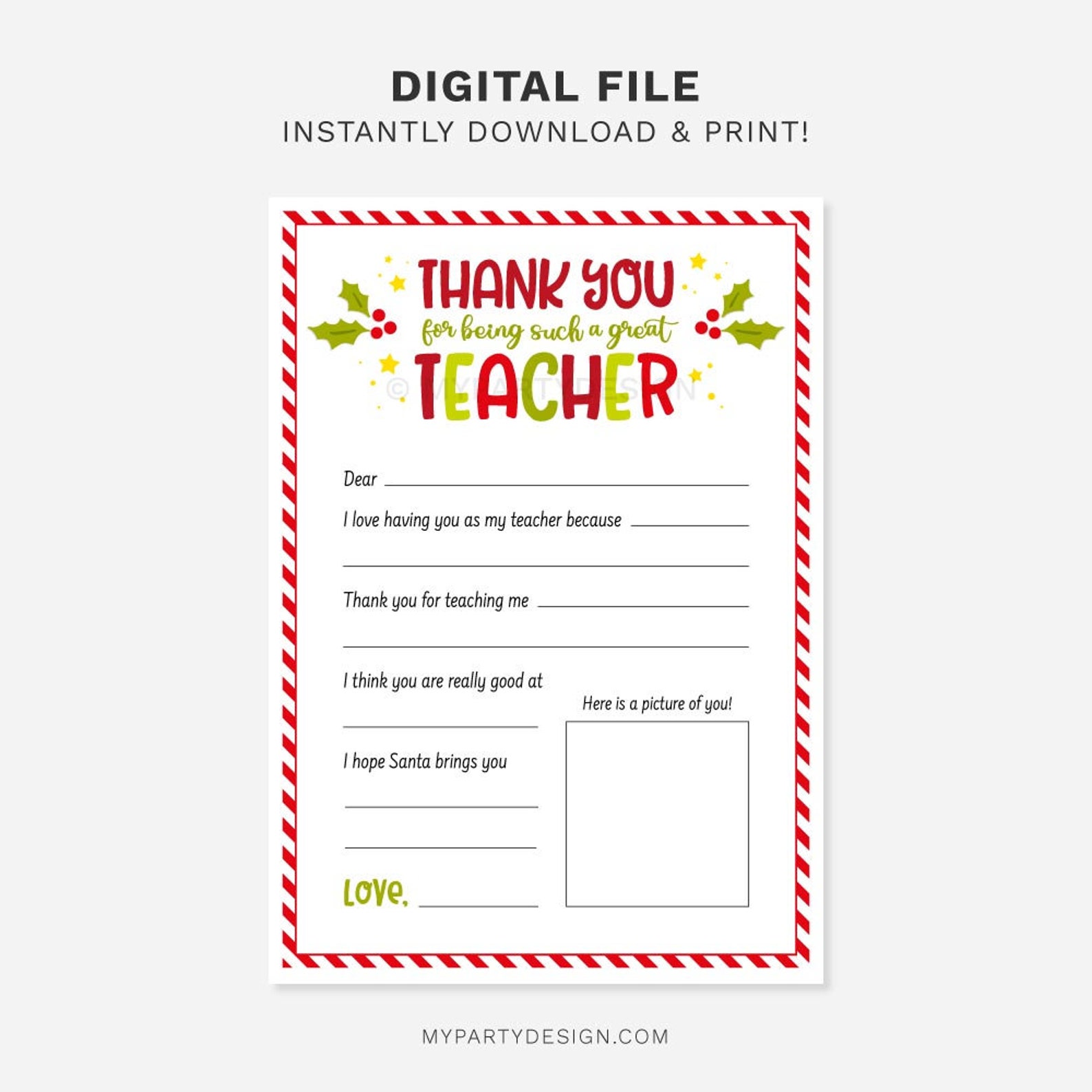 Teacher Christmas Gift, Printable All About My Teacher Card, Fill in ...