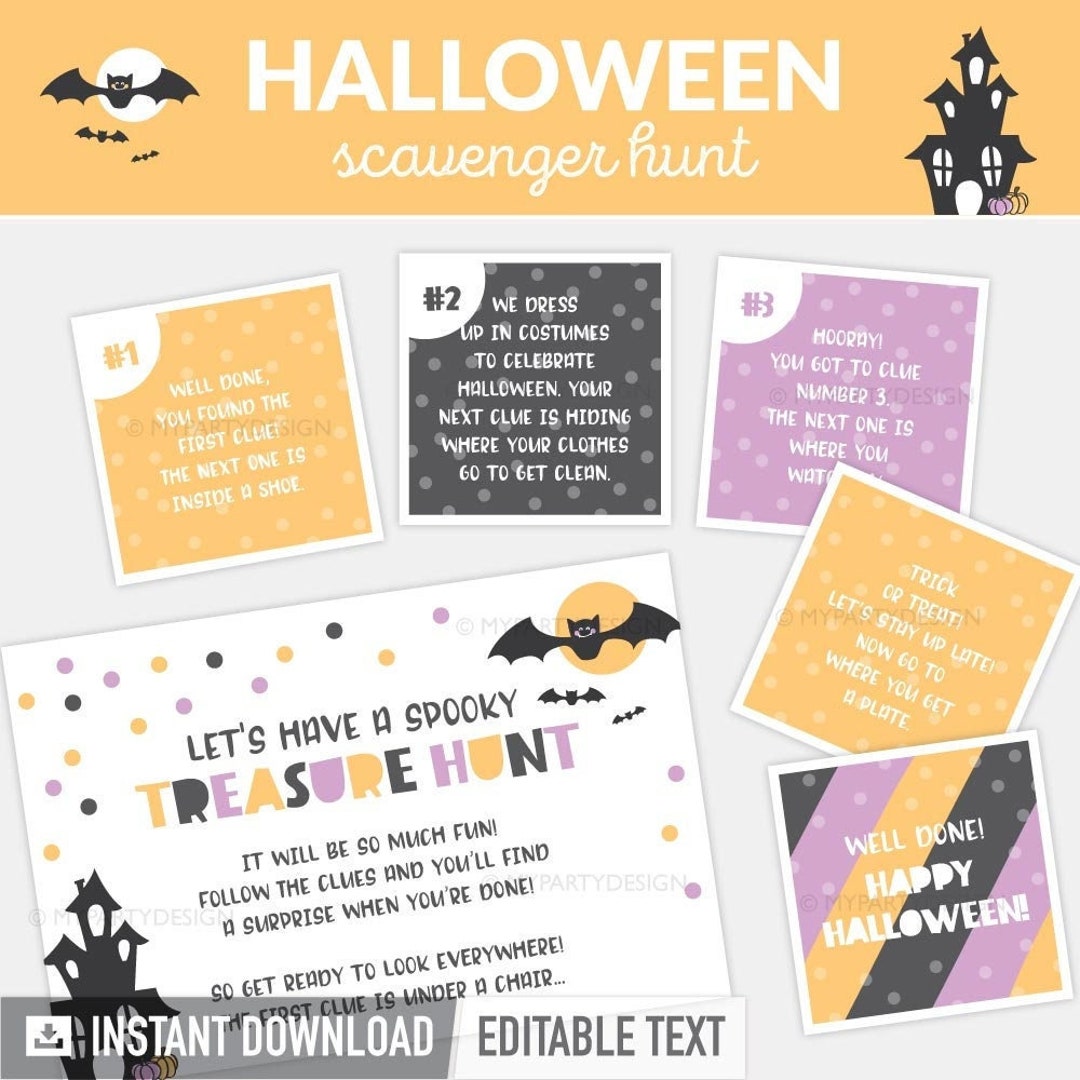 Halloween Scavenger Hunt for Kids, Editable Clue Cards for a Spooky ...