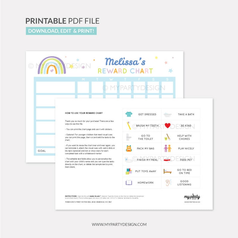 Rainbow Chore Chart for Kids Reward Chart Editable Behavior - Etsy