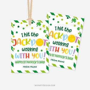 Hit the Jackpot Working With You Gift Tag, St Patrick's Day Coworker ...
