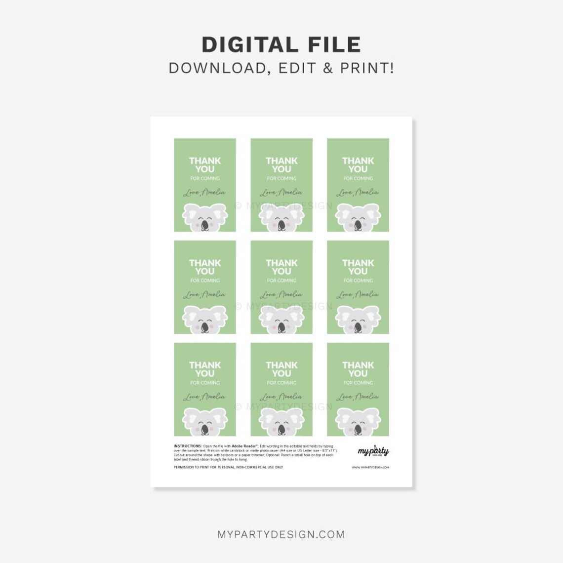 Koala Favor Tags Thank You Labels Koala Birthday | Etsy
