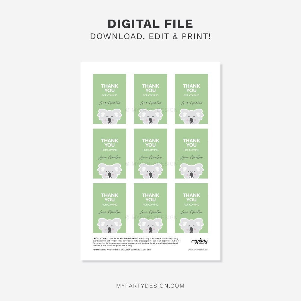 Koala Favor Tags Thank You Labels Koala Birthday | Etsy