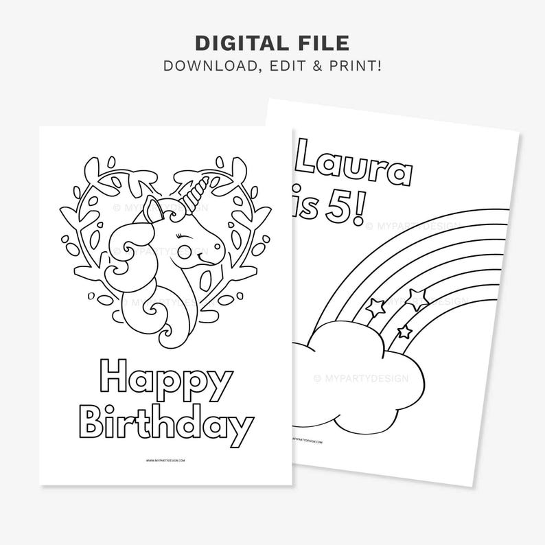 Unicorn Coloring Page, Rainbow Party Activity for Girls, Kids Birthday ...