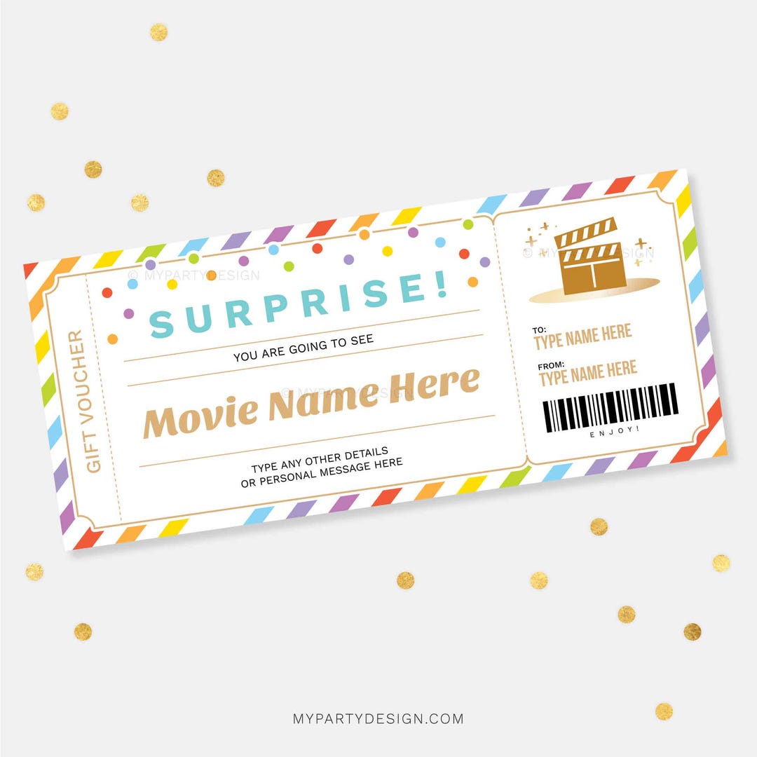 Surprise Movie Ticket Gift Voucher Template, Movie Screening Gift Card ...