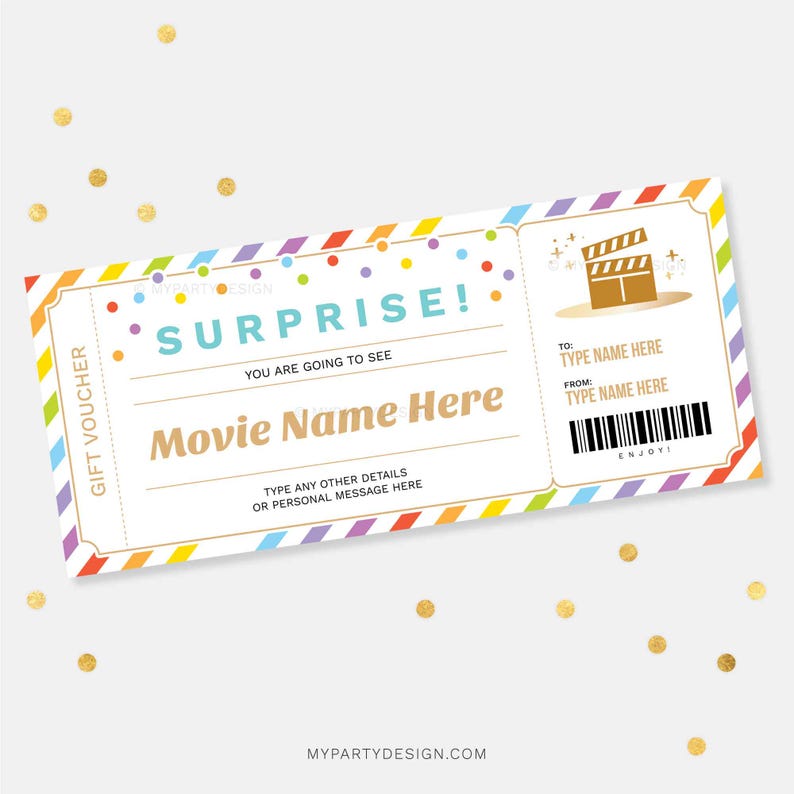 Surprise Movie Ticket Gift Voucher Template, Movie Screening Gift Card ...