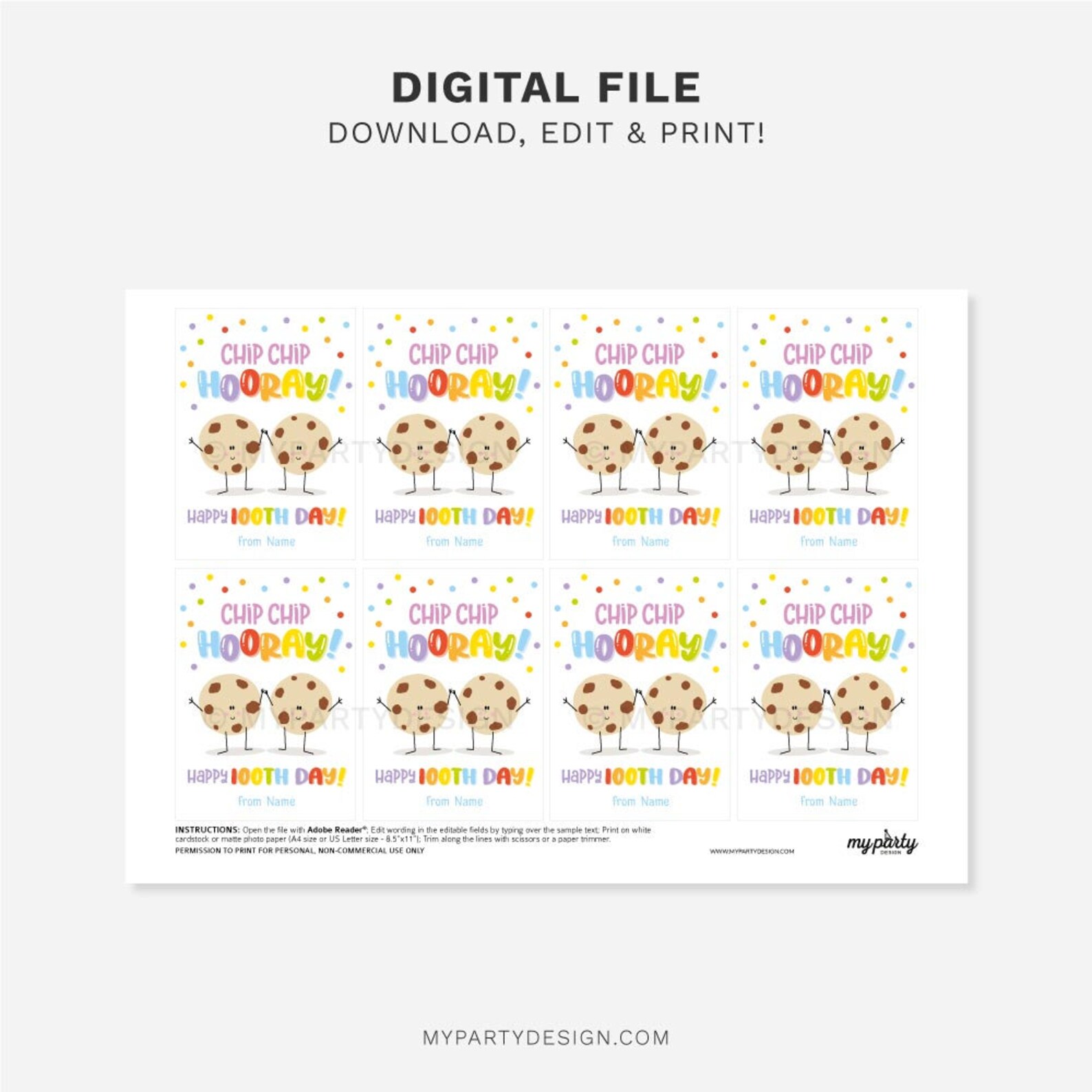 Chip Chip Hooray Happy 100th Day Tag, 100 Days of of School Cookie Gift ...