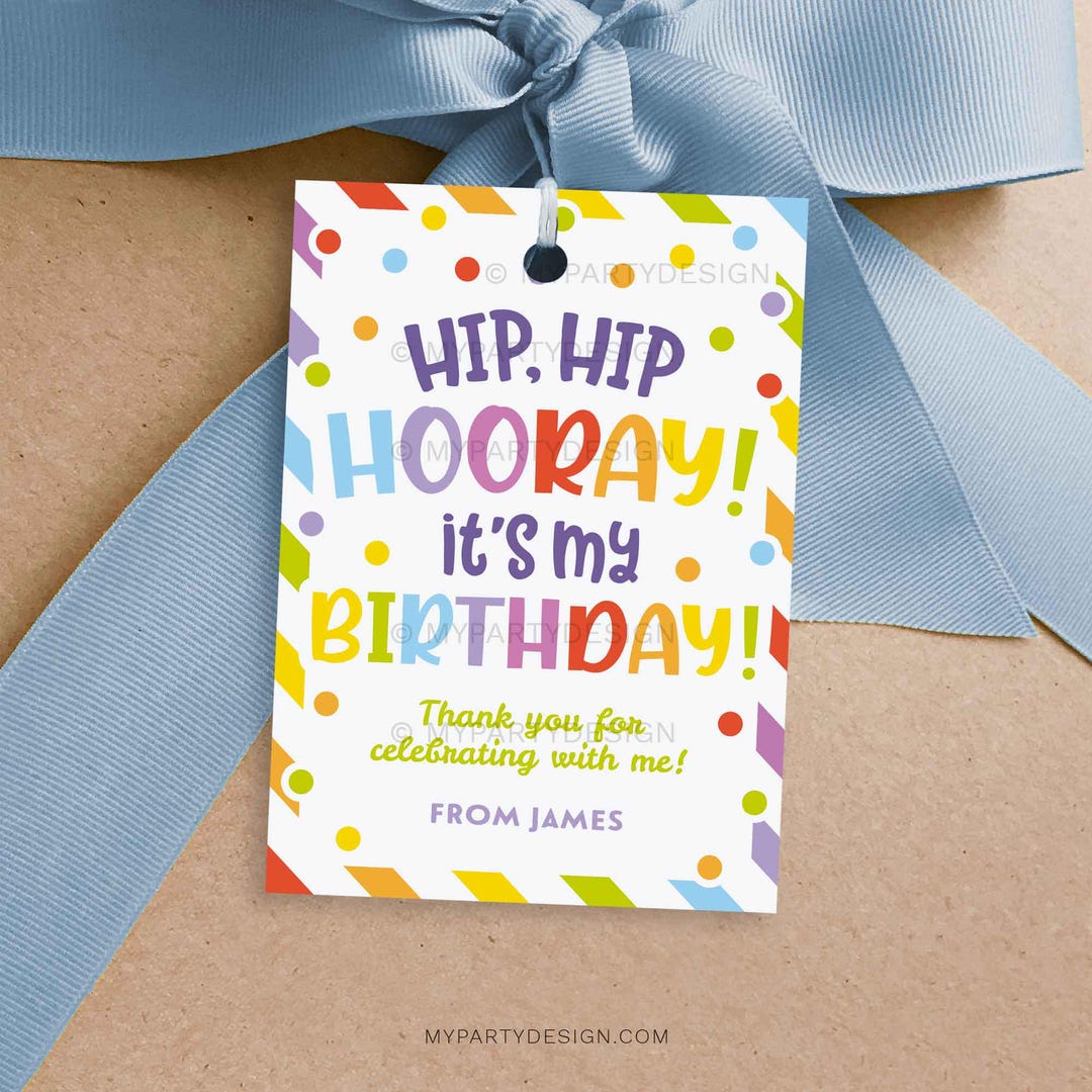 Hip Hip Hooray Birthday Treat Tag, Kids Classroom Gift Label for School ...