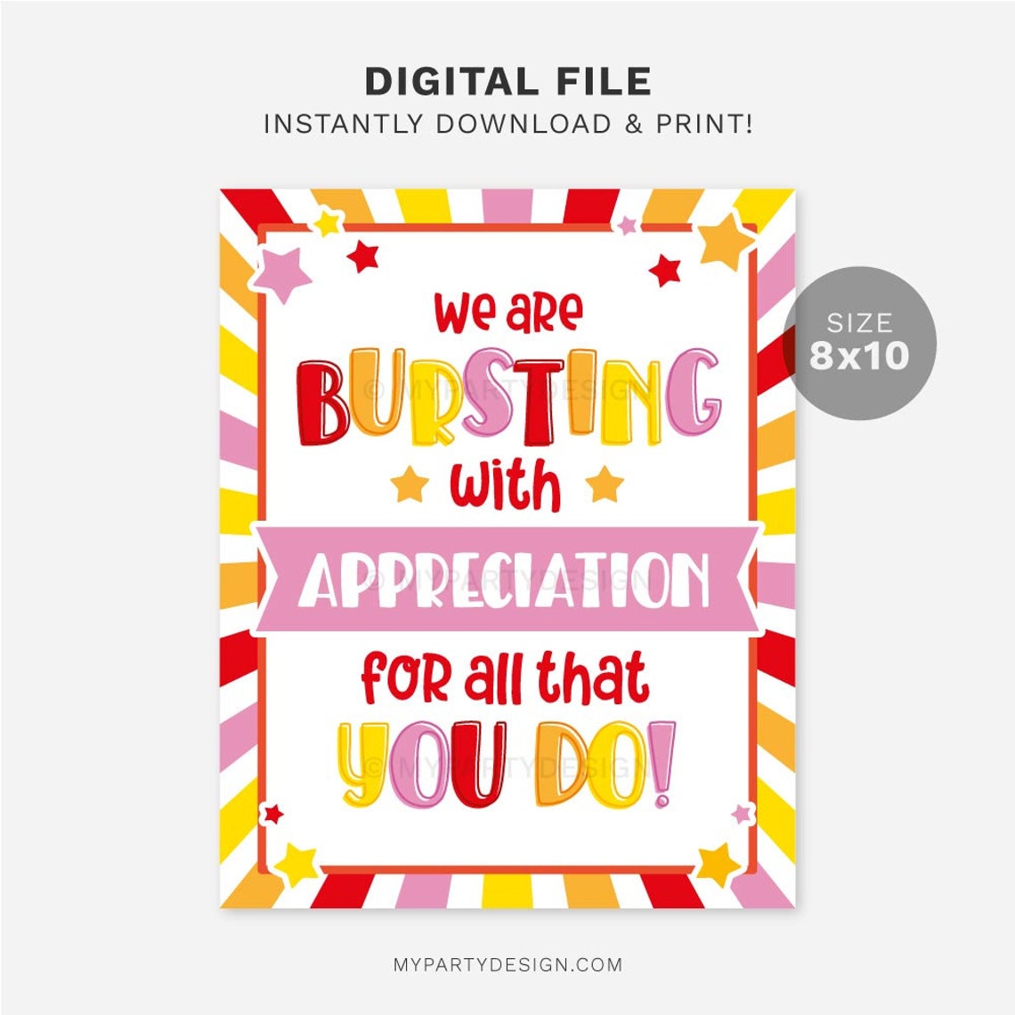 Bursting With Appreciation Sign, Star Thank You Print for for Teachers ...
