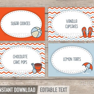 Beach Party Food Labels, Pool Party Place Cards, Tent Cards, Birthday ...