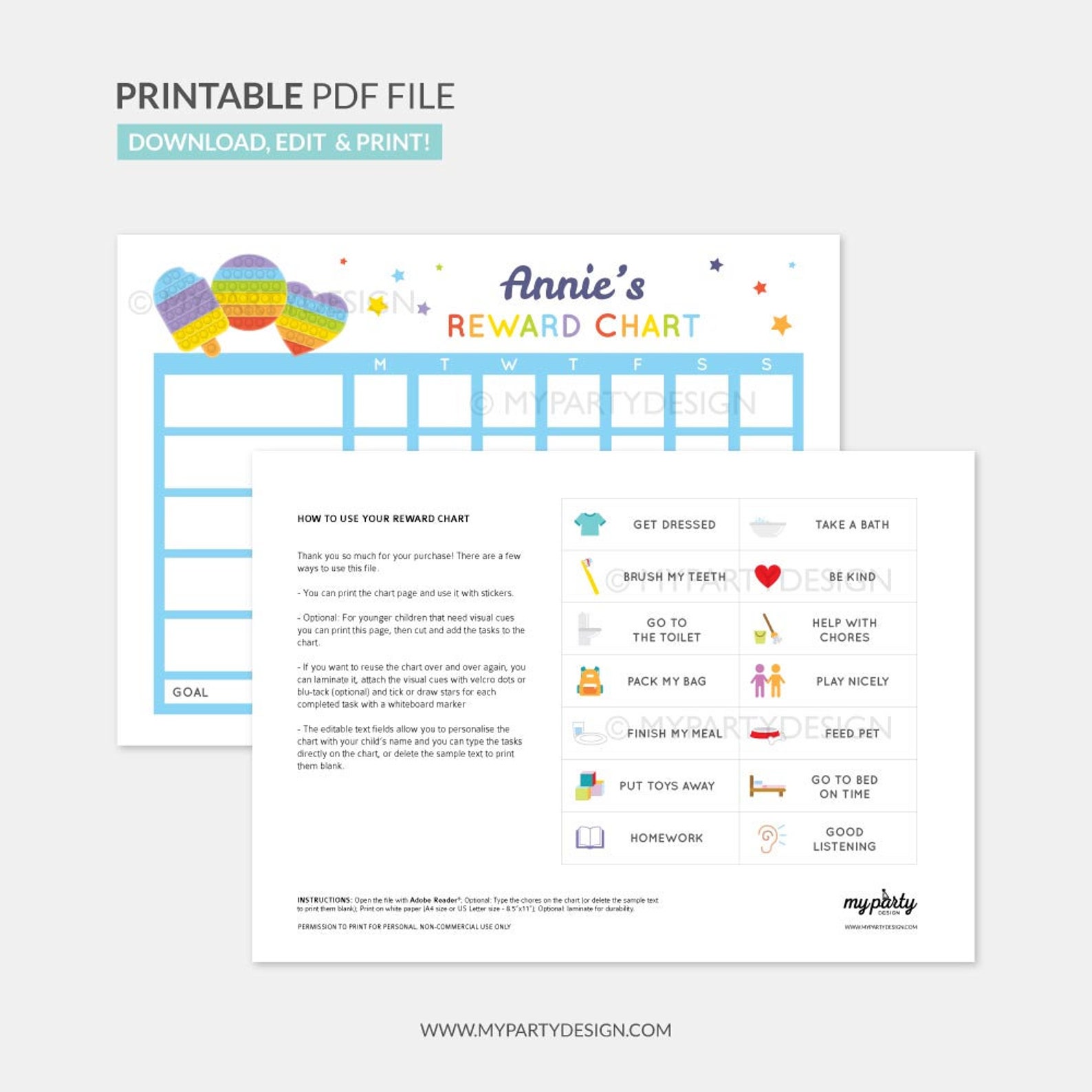 Pop Reward Chart for Kids Pop Fidget Chore Chart Editable - Etsy