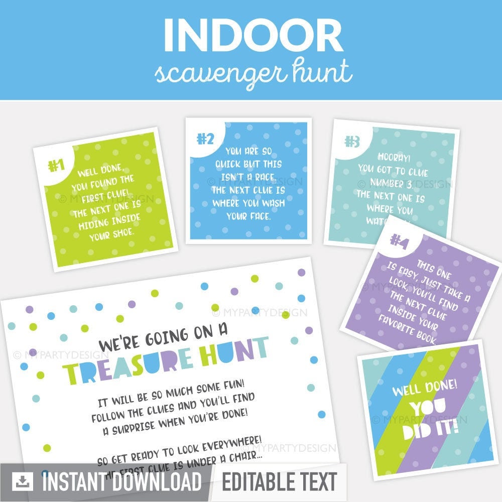 Indoor Scavenger Hunt Clues, Editable Clue Cards for Birthday Treasure ...