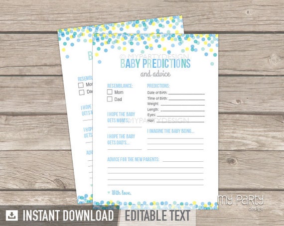 Baby Sprinkle Predictions and Advice Card, Boy Baby Shower Game ...