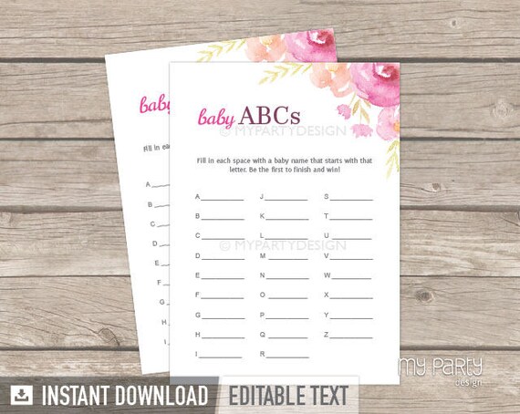 Abc Game Baby Name Floral Baby Shower Watercolor INSTANT | Etsy