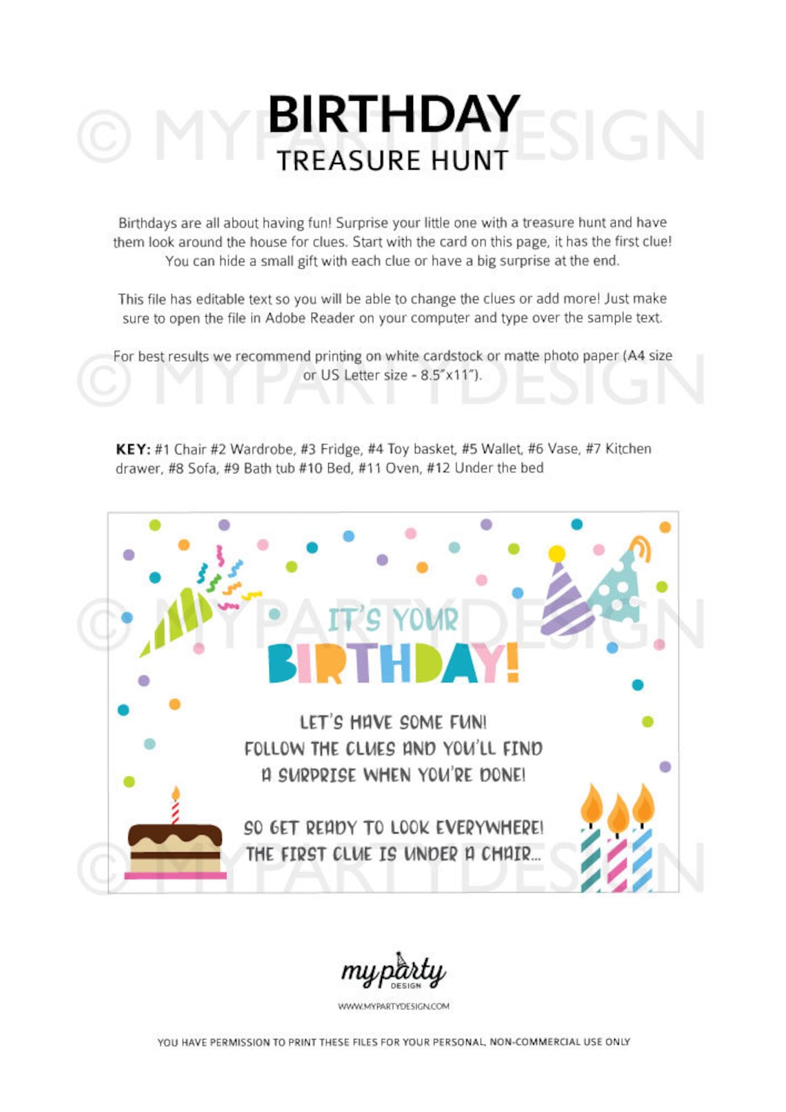 Birthday Scavenger Hunt Clues, Editable Clue Cards for Indoor Treasure ...