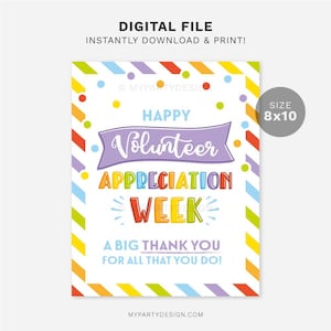 Happy Volunteer Appreciation Week Sign, Thank You Print for Pta / Pto ...