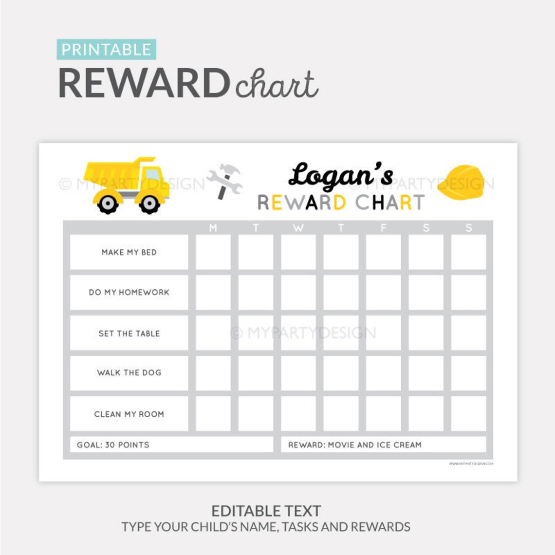 Chore Chart for Kids, Construction Reward Chart, Boys Editable Behavior ...