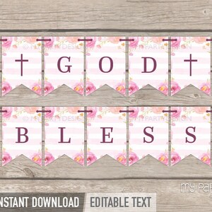 God Bless Banner, Baptism Bunting, Pink Christening, Floral Watercolor ...