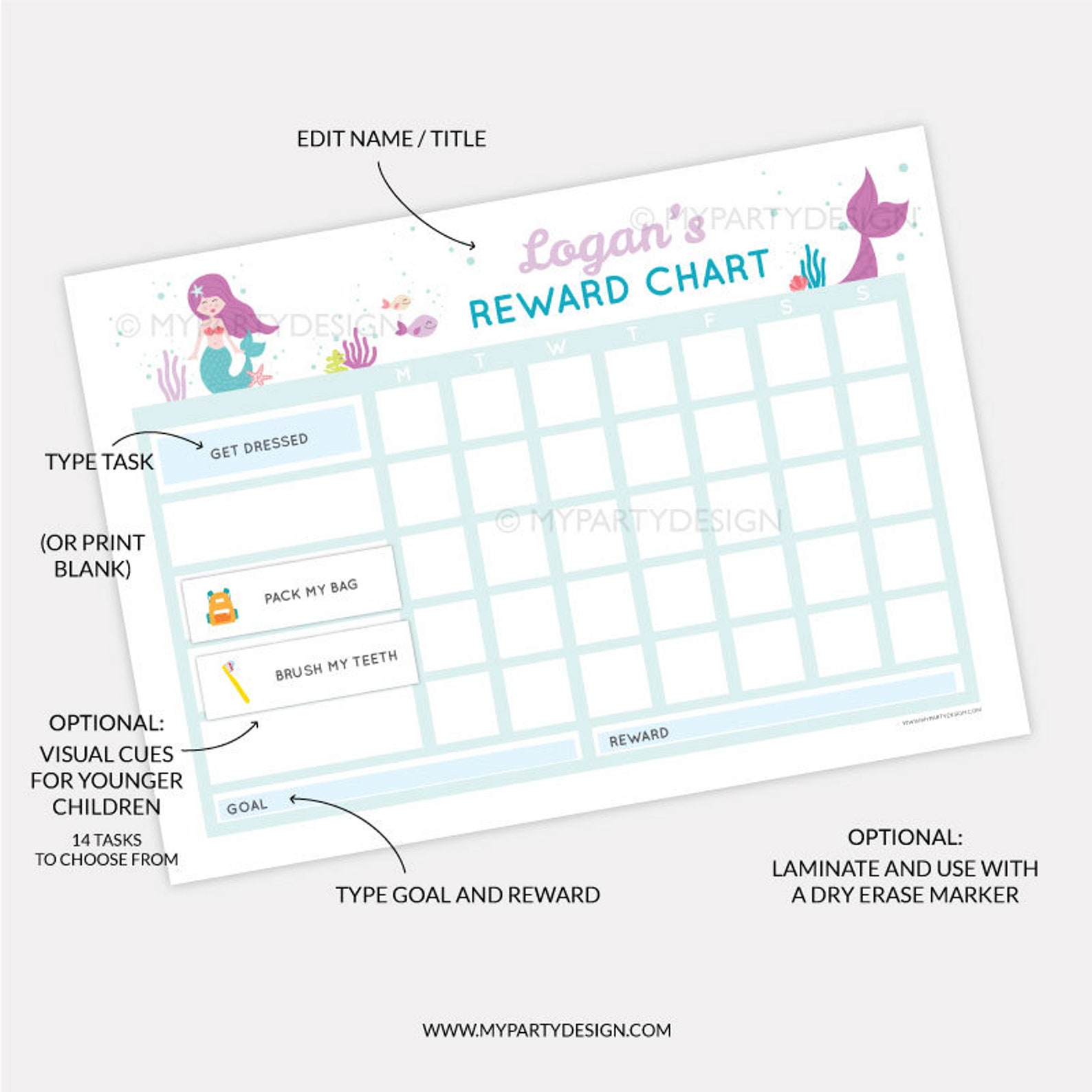 Printable Mermaid Reward Chart for Kids Chore Chart Editable | Etsy