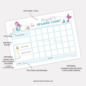 Printable Mermaid Reward Chart for Kids, Chore Chart, Editable Behavior ...