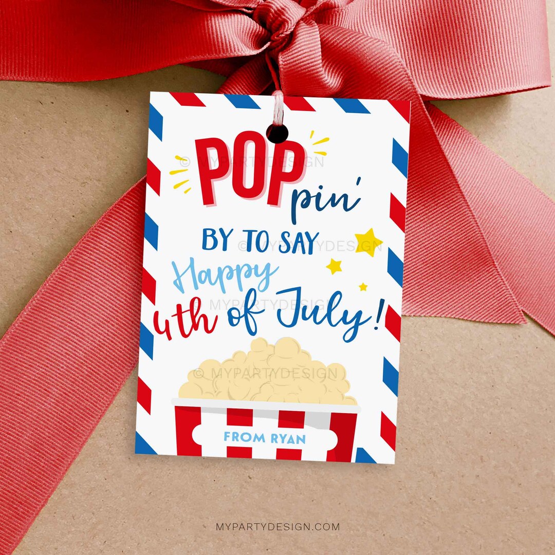 4th of July Popcorn Gift Tag, Poppin by Independence Day Label for ...