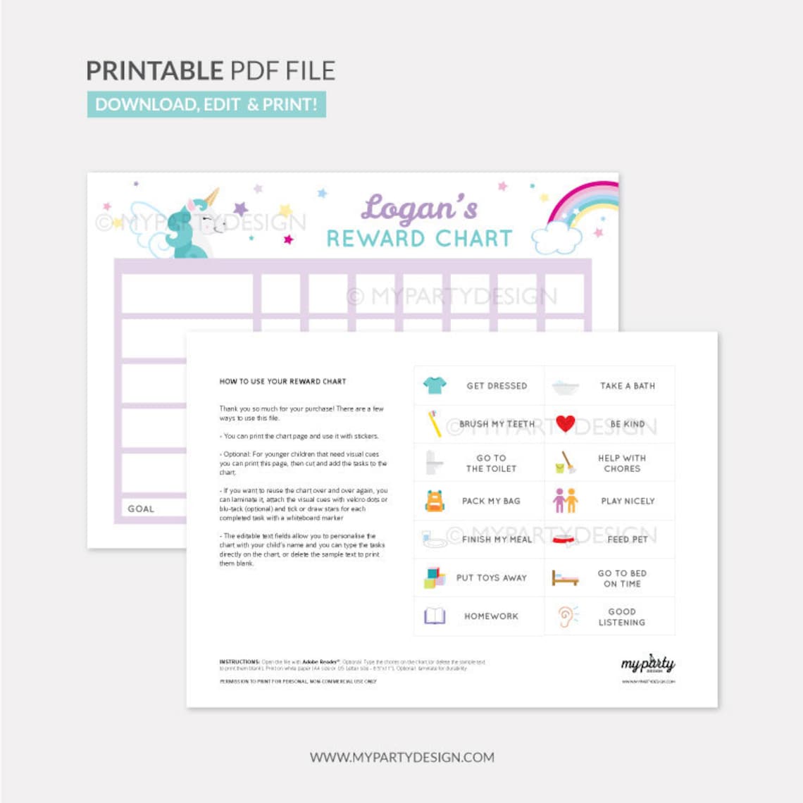 Unicorn Chore Chart for Kids Rainbow Chore Reward Editable - Etsy