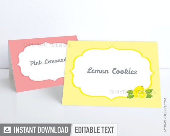 Lemonade Tent Labels, Lemonade Birthday Party Place Cards, Food Labels ...