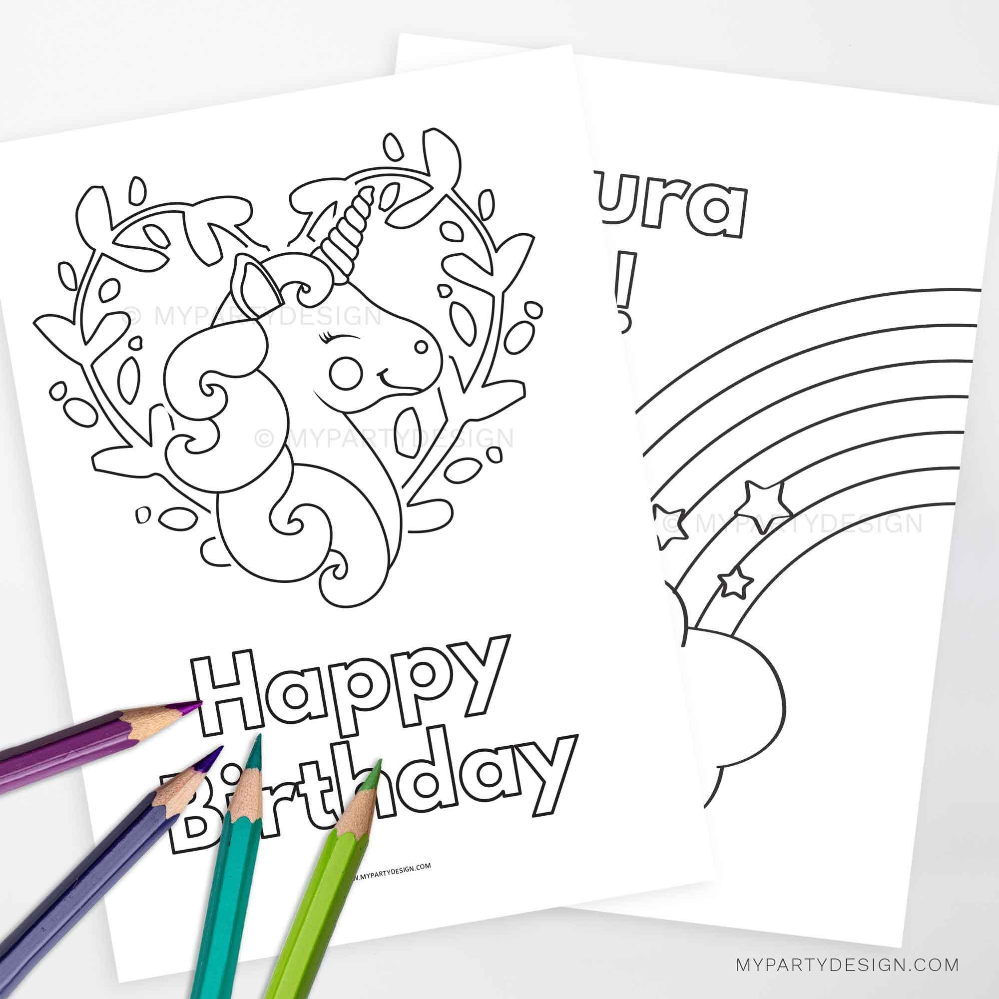 Unicorn Coloring Page, Rainbow Party Activity for Girls, Kids Birthday ...