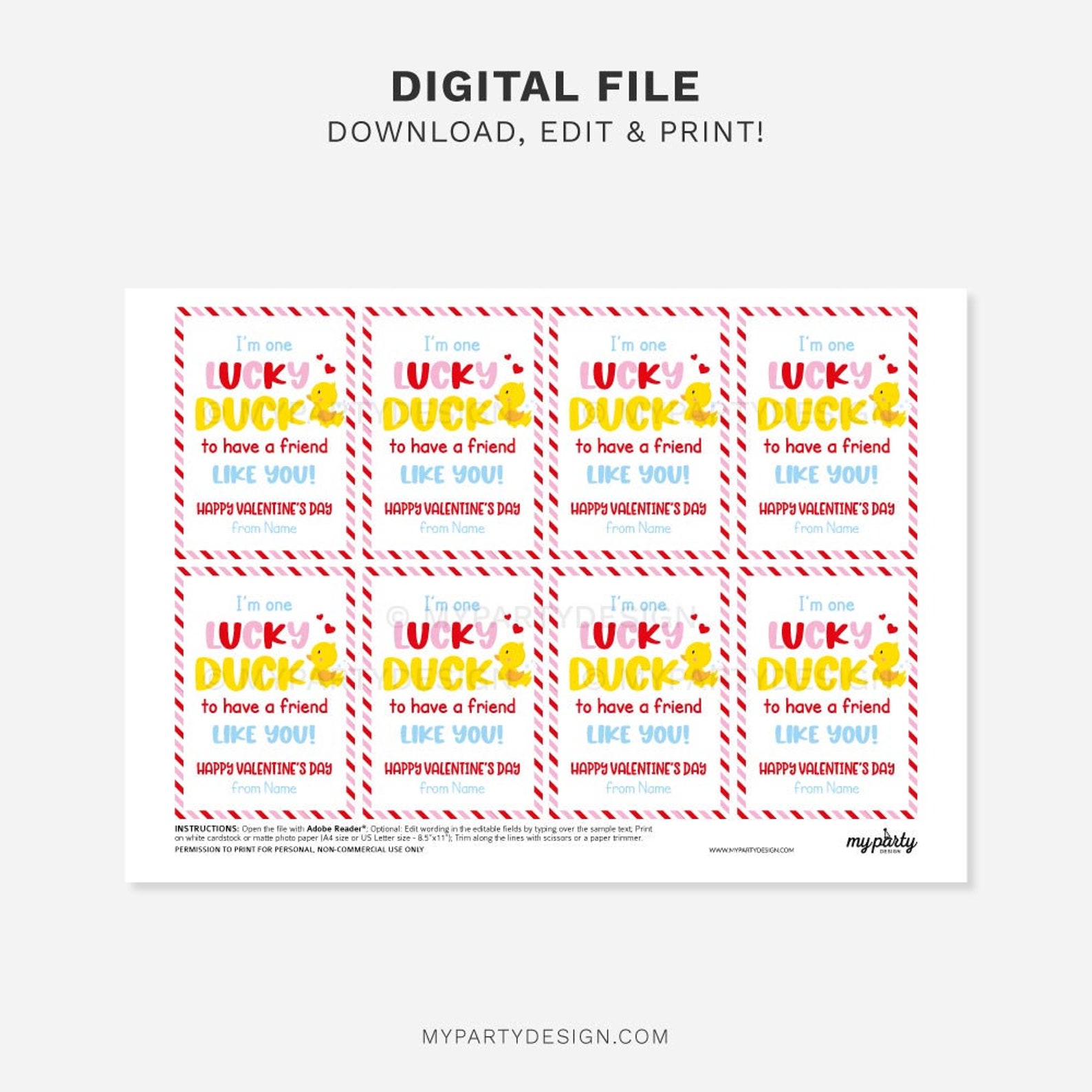 Rubber Duck Valentine's Day Tag, Pink Kids Valentine Cards for ...