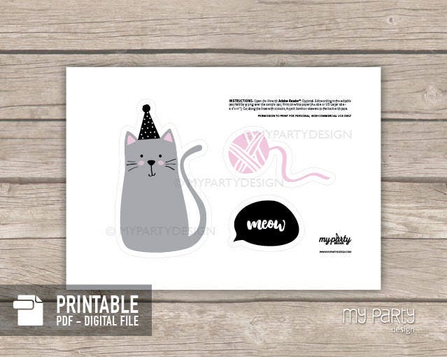 Cat Cake Topper Kitty Cat Birthday Party Printables INSTANT - Etsy