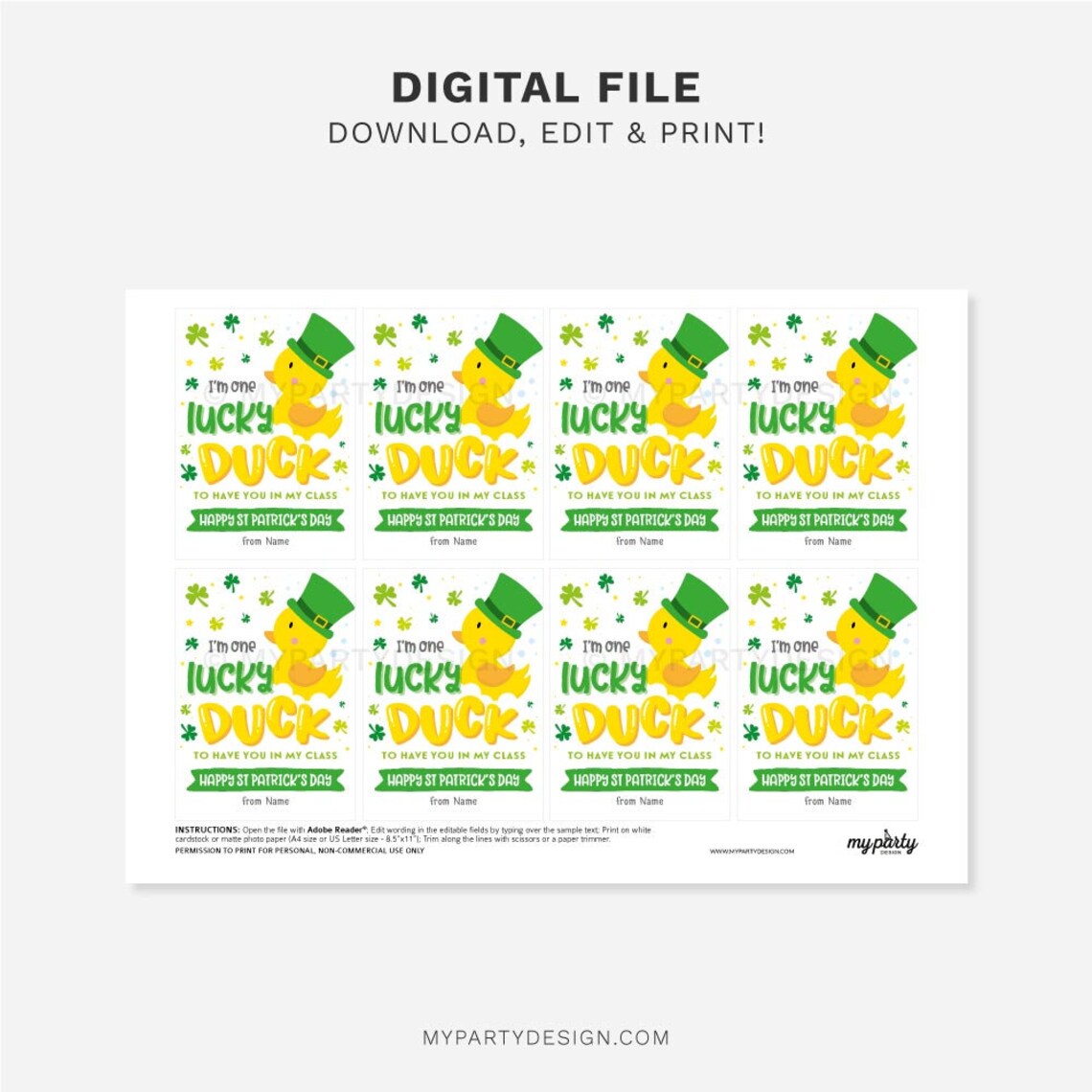 Lucky Duck St Patrick's Day Tag, Kids Rubber Duck Cards for Class Gifts ...