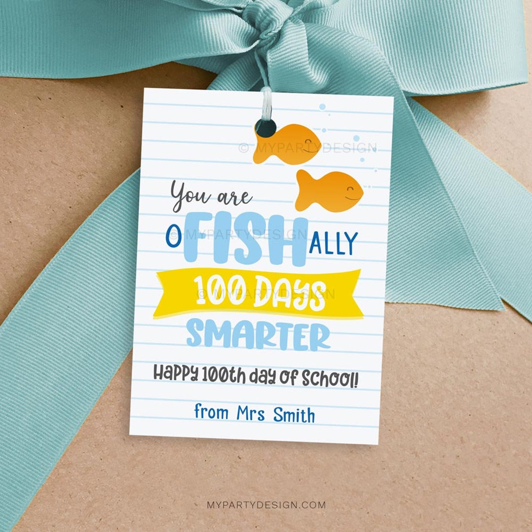 Ofishally 100 Days Smarter Tag, Fish Snack Labels, 100 Days of School ...