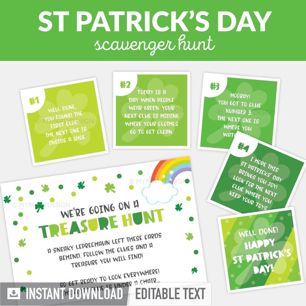 St Patrick's Day Scavenger Hunt Clues, Editable Cards for Leprechaun ...