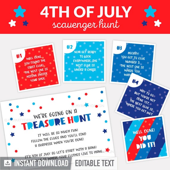 4th of July Scavenger Hunt Clues, Editable Clue Cards for Kids Treasure ...