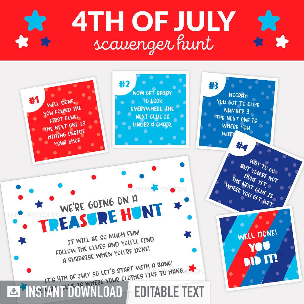 4th of July Scavenger Hunt Clues Editable Clue Cards for Kids - Etsy