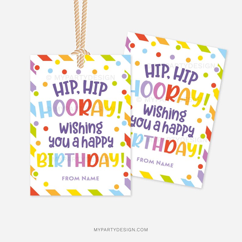 Hip Hip Hooray Happy Birthday Gift Tag, Kids Class Gift Label for ...