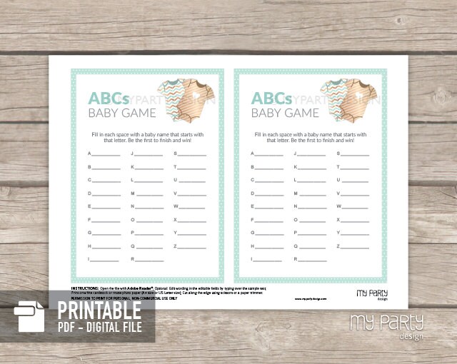 Abc Game, Baby Name Game, Mint Gold Baby Shower, Bodysuit Theme ...