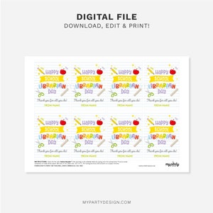 Happy School Librarian Day Tag, Thank You Label for Library ...