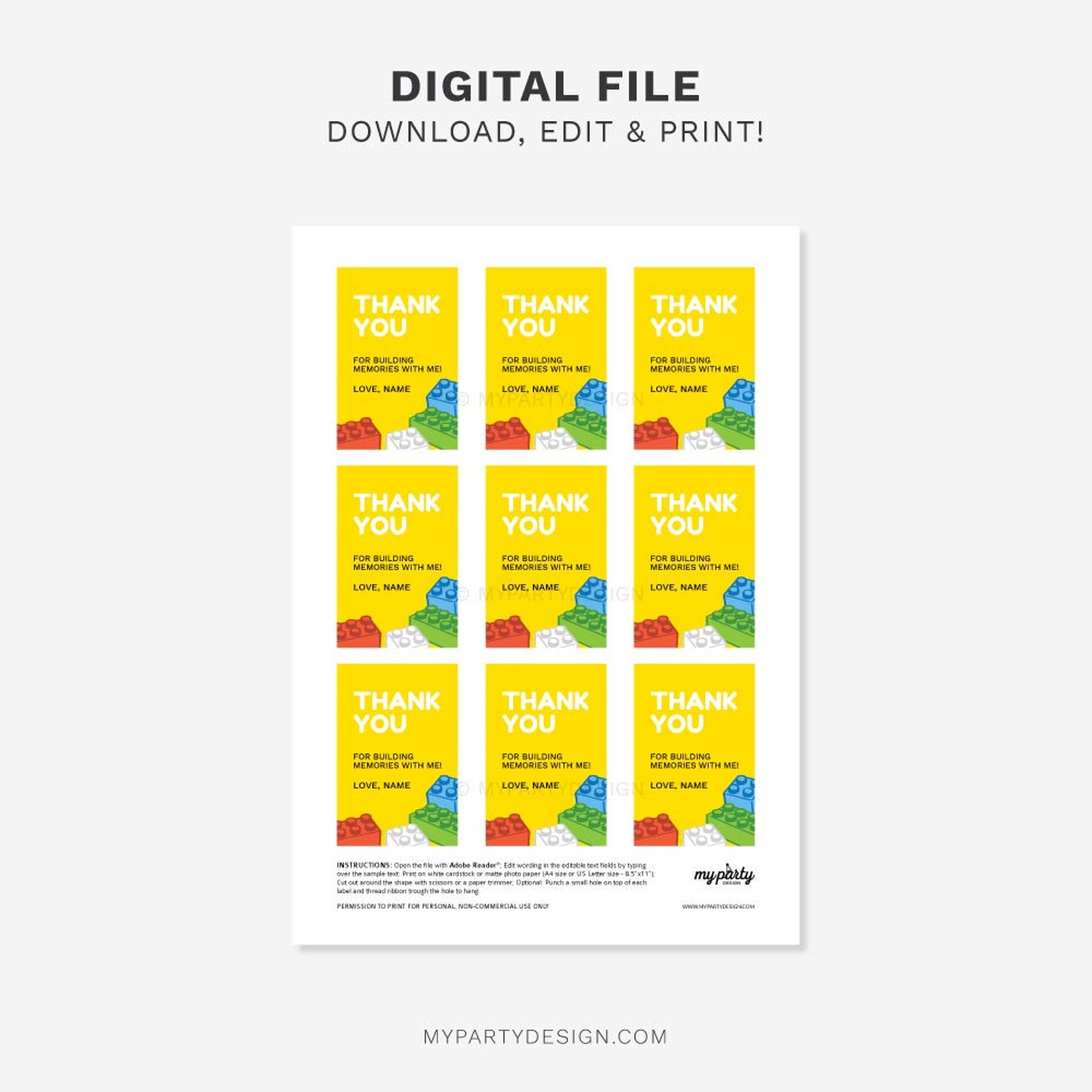 Building Blocks Party Favor Tags Colorful Bricks Thank You - Etsy