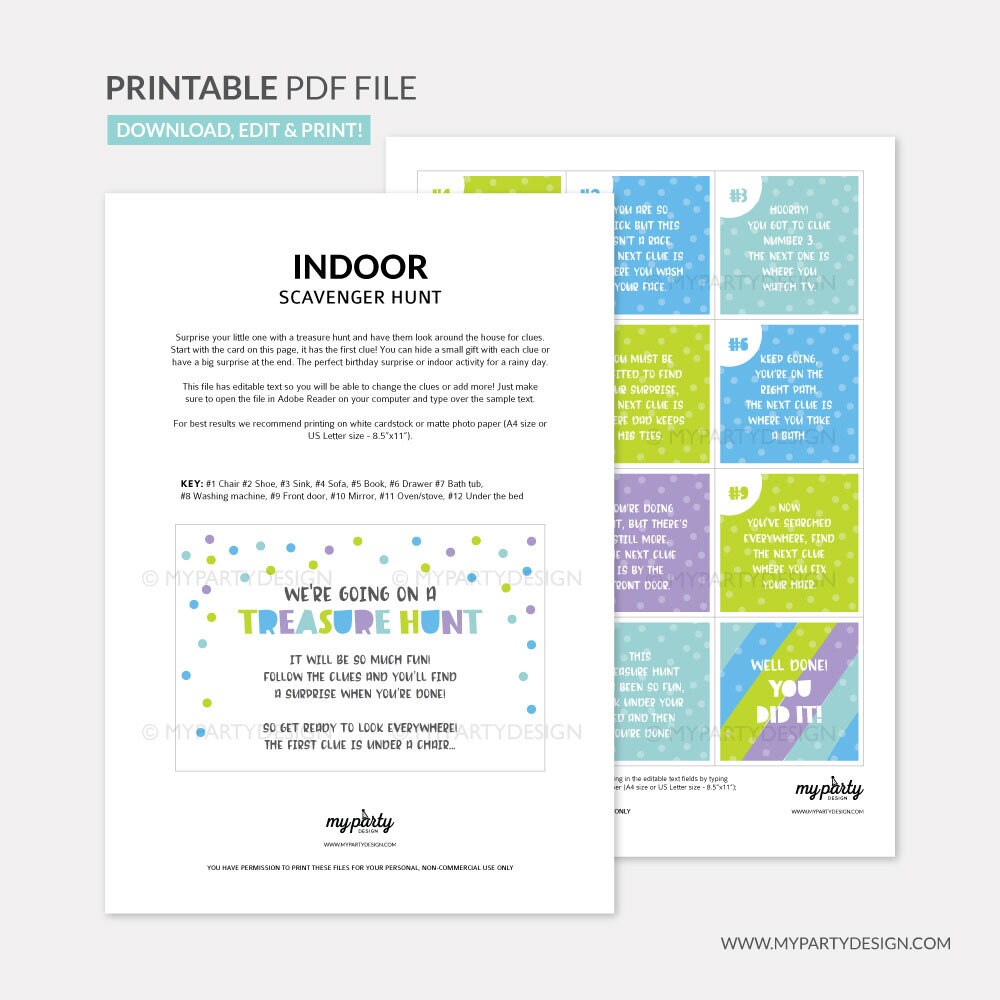 Indoor Scavenger Hunt Clues, Editable Clue Cards for Birthday Treasure ...