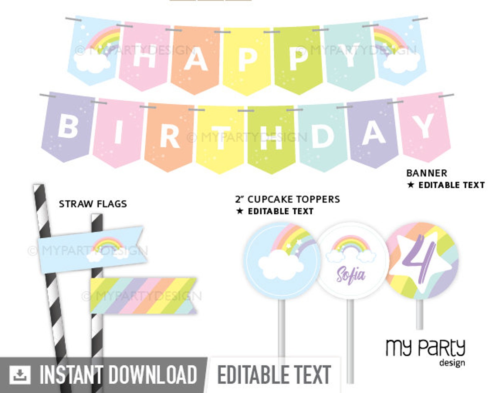 Rainbow Birthday Decorations Pastel Rainbow Party Kit | Etsy