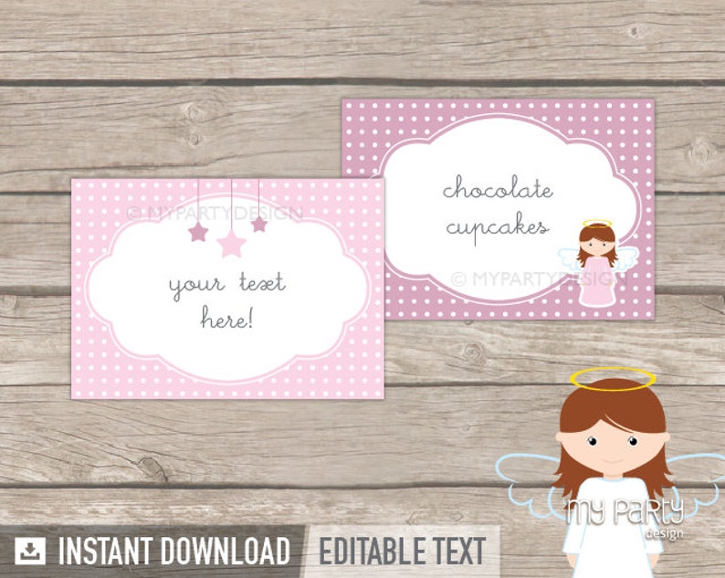 Baptism Food Labels Christening Tent Cards Pink Angel Party | Etsy