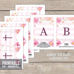 God Bless Banner, Baptism Bunting, Pink Christening, Floral Watercolor ...