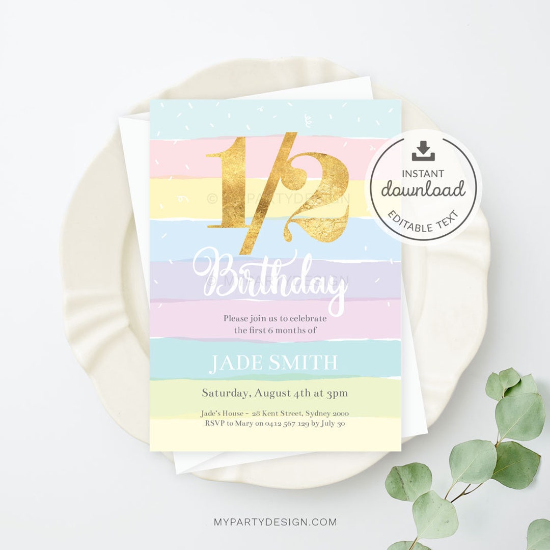 Half Birthday Invitation, 6 Months Party Invite, 1/2 Bday, Gold Rainbow ...