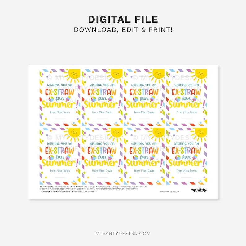 Summer Straw Tag, Ex-straw Fun Summer Class Gift Label, Non-candy ...